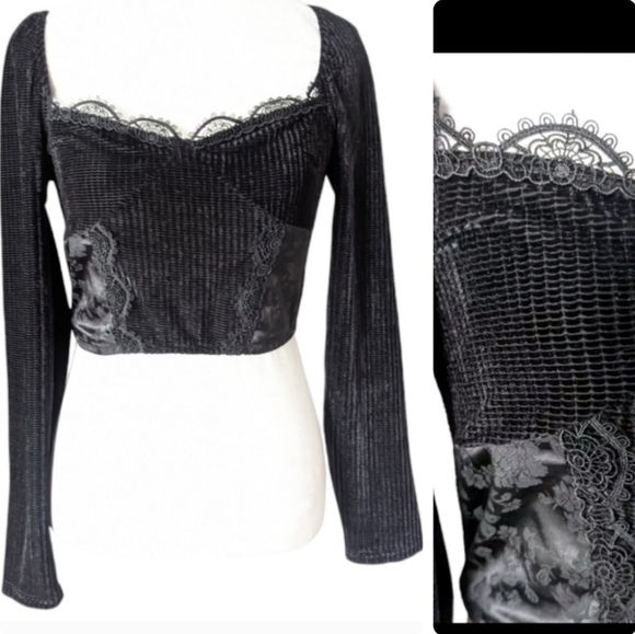 Cider | Tops | Cider Cropped Top Small Black Textured Velvet And Floral ...
